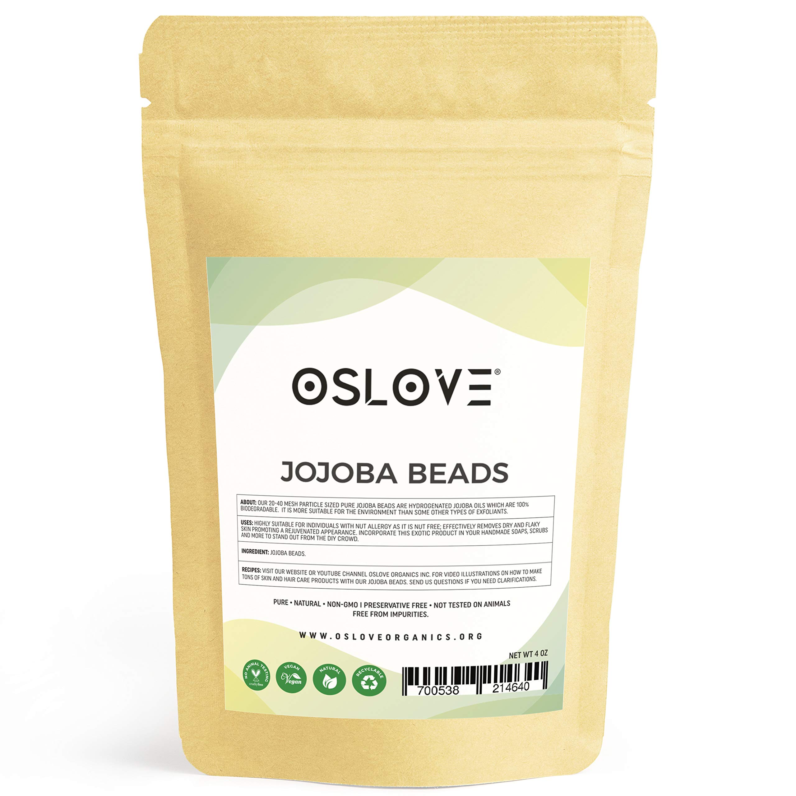Oslove Organics Pure Jojoba Beads- 20/40 Mesh Size | Cleanses and Exfoliates Skin | Use in Soaps, Cleansers & Scrubs- 4oz