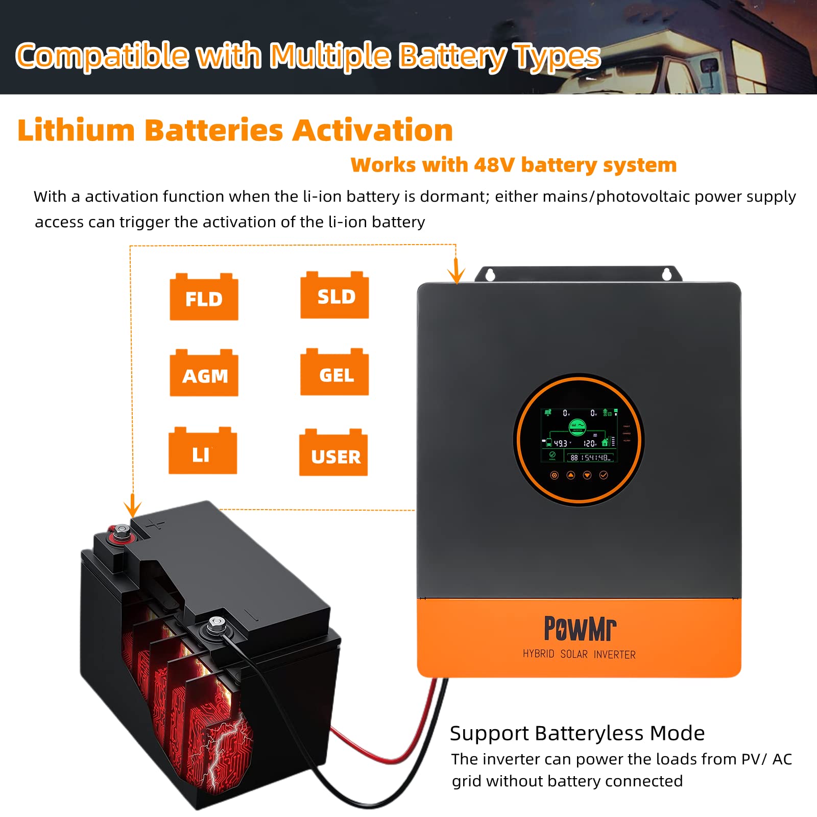 5000W 48V Off-Grid Solar Inverter 110V/120V/240V Split Phase Pure Sine Wave Power Inverter with 100A MPPT Controller Hybrid Inverter, Max.PV Input 5500W, 500VDC, Support Parallel 6 inverters