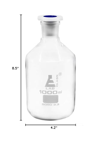 EISCO 1000mL (33.8oz) Glass Reagent Bottle with Acid Proof Polypropylene Stopper, Borosilicate 3.3 Glass Labs