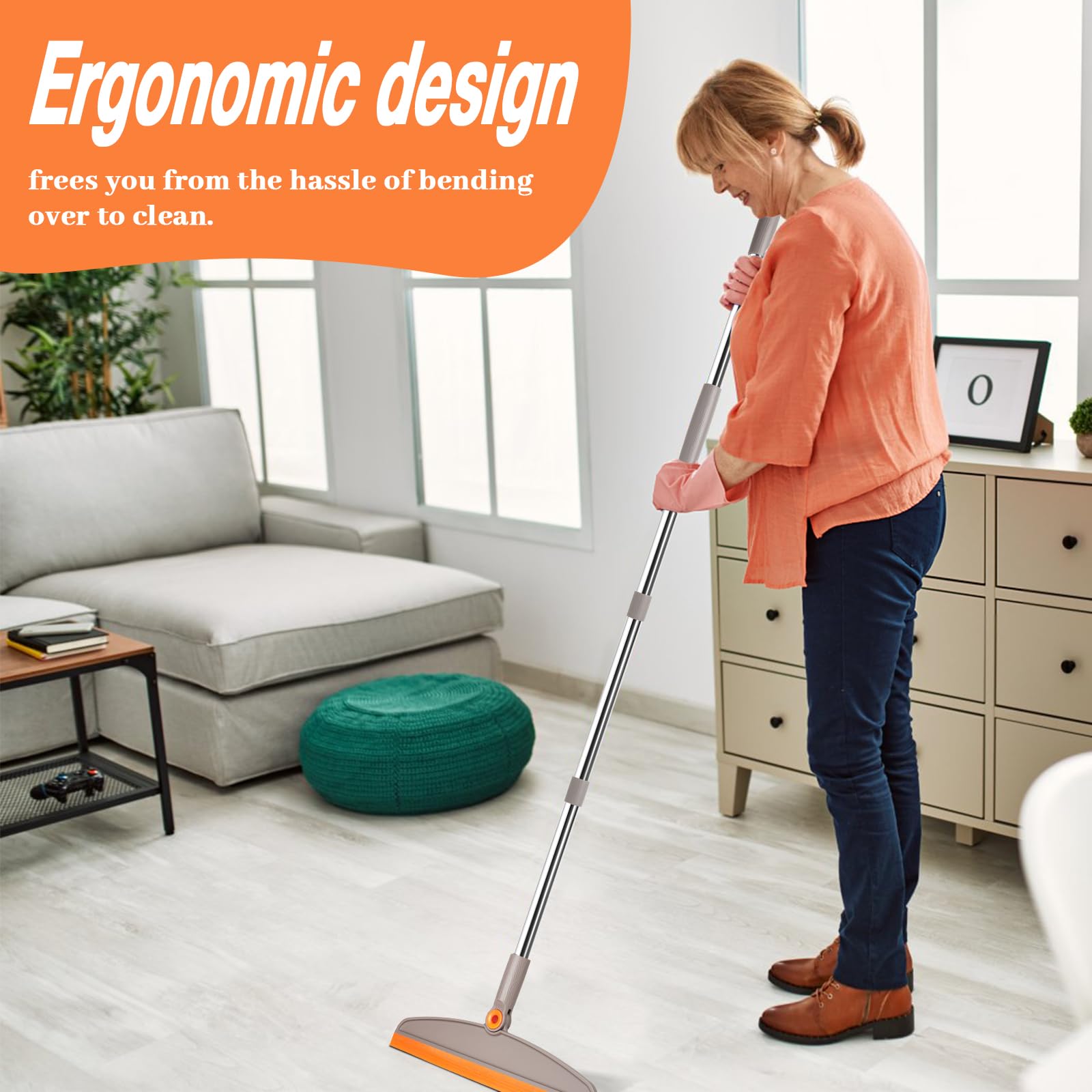 XXFLOWER Silicone Air Broom,Multifunction Magic Broom with Long Handle,Adjustable Rubber Squeeze Broom Sweeping Water,Pet Hair Remover for Carpet,Kitchen,Concrete Floor,Bathroom Tile(Grey Orange)