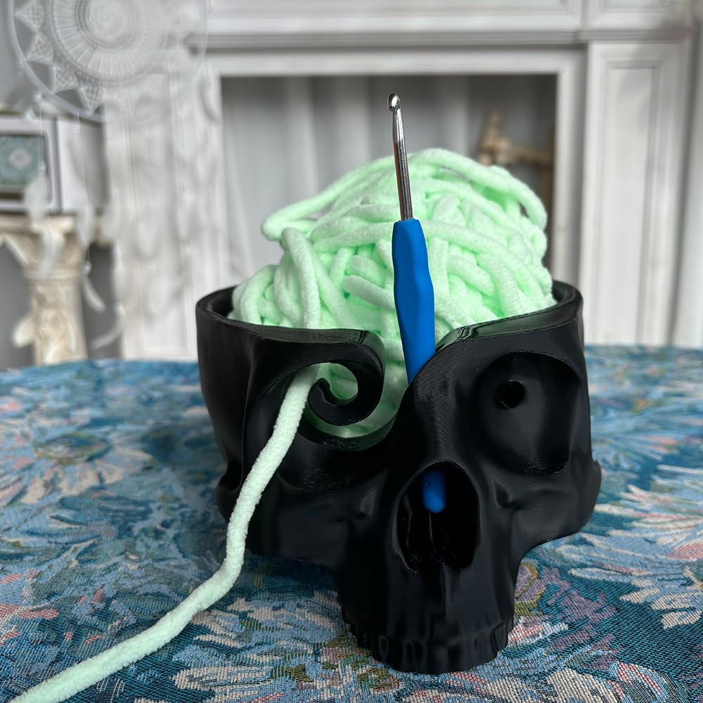 AXICIR Skull Head Bone Crochet Yarn Bowl Holder For Crocheting Knitting Accessories 3d Printed Halloween Decor (White)