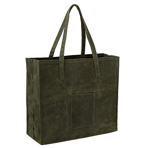 Kaaltisy Waxed Canvas Reusable Grocery Bag Heavy Duty Waterproof Shopping Bag Well Self-standing Durable Farmers Market Bag, Wide, Hard Handfeel