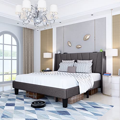 Benevika Full Size Bed Frame with Modern Geometric Wingback Headboard, Upholstered Platform with Wooden Slats, No Box Spring Needed, Mattress Foundation, Grey