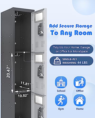 KAER 3 Doors Metal Locker,Lockable Storage Cabinet,Metal Lockers for Employees,Locker for School, Gym, Home, Office, Garage Storage Cabinet with Mirror Hook and Assembly Tool (Off-White, Unassembled)