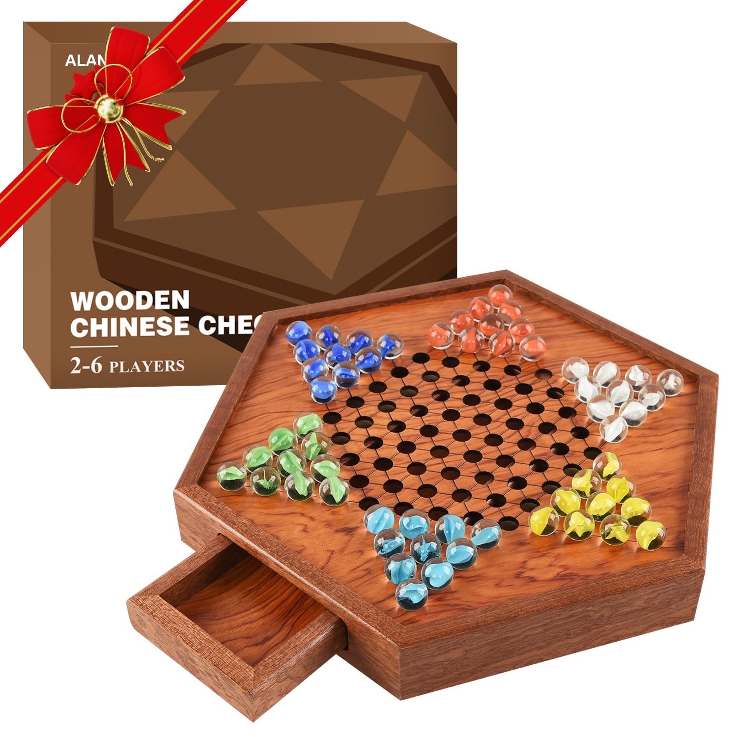 Upgraded Wooden Chinese Checkers with Drawers 12.7 Inches Wooden Board Game Includes 72 Colorful Glass Marbles Easy Grasping for Adults and Kids