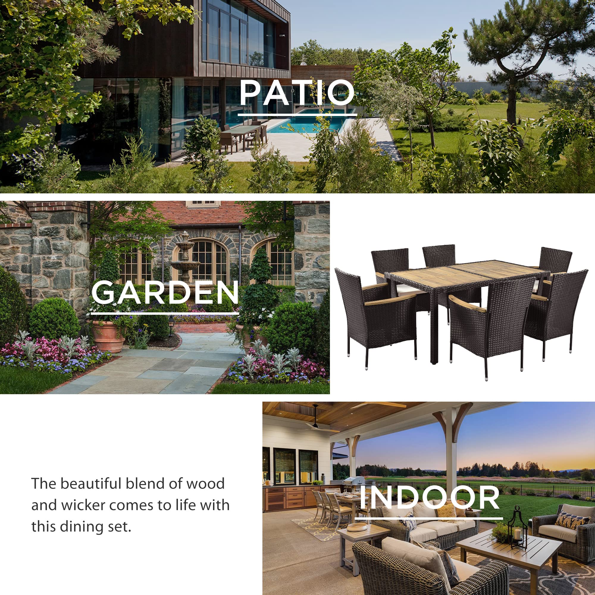 LZ LEISURE ZONE Patio Furniture Set, 7 Piece Outdoor Dining Table Set, Wicker Rattan Dining Table and Chairs Set, Patio Conversation Set with Cushions, Brown+Beige