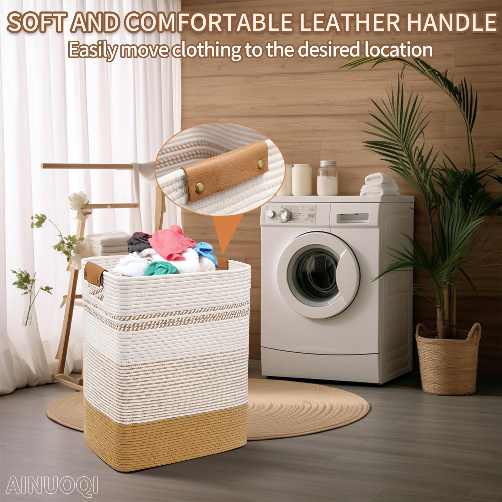 AINUOQI Laundry Hamper - 85L Large Laundry Basket with Leather Handles, Decorative Storage Basket for Blankets - Cotton Rope Woven Baskets for Storage, Clothes Hamper for Living Room, Jute & White