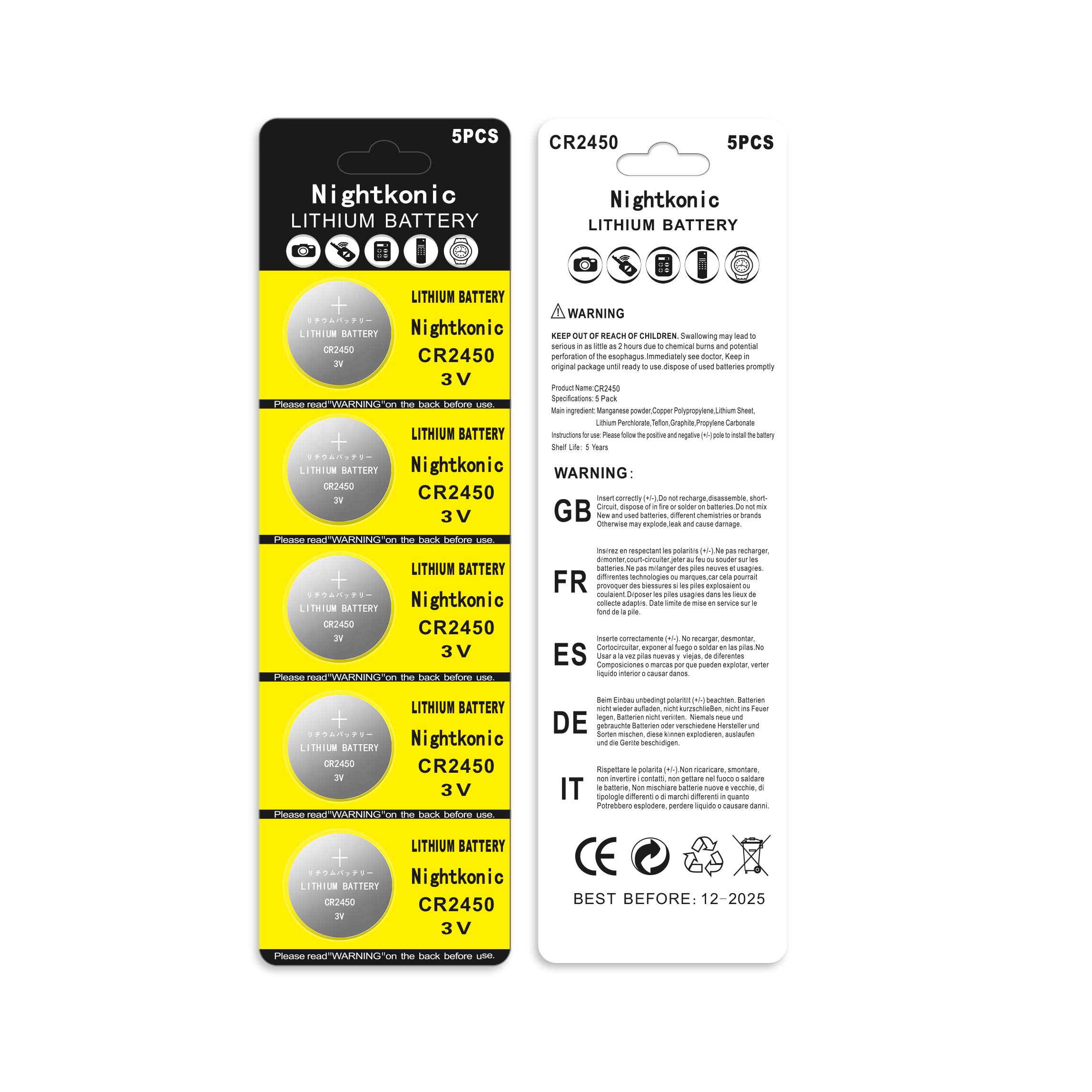 Nightkonic 15 pcs Pack - CR2450 Battery 3v Lithium Button Cell Coin 2450 Batteries