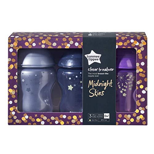 Tommee Tippee Closer to Nature Baby Bottles, Slow Flow Breast-Like Nipple with Anti-Colic Valve, 9oz, 3 Count, Midnight Skies