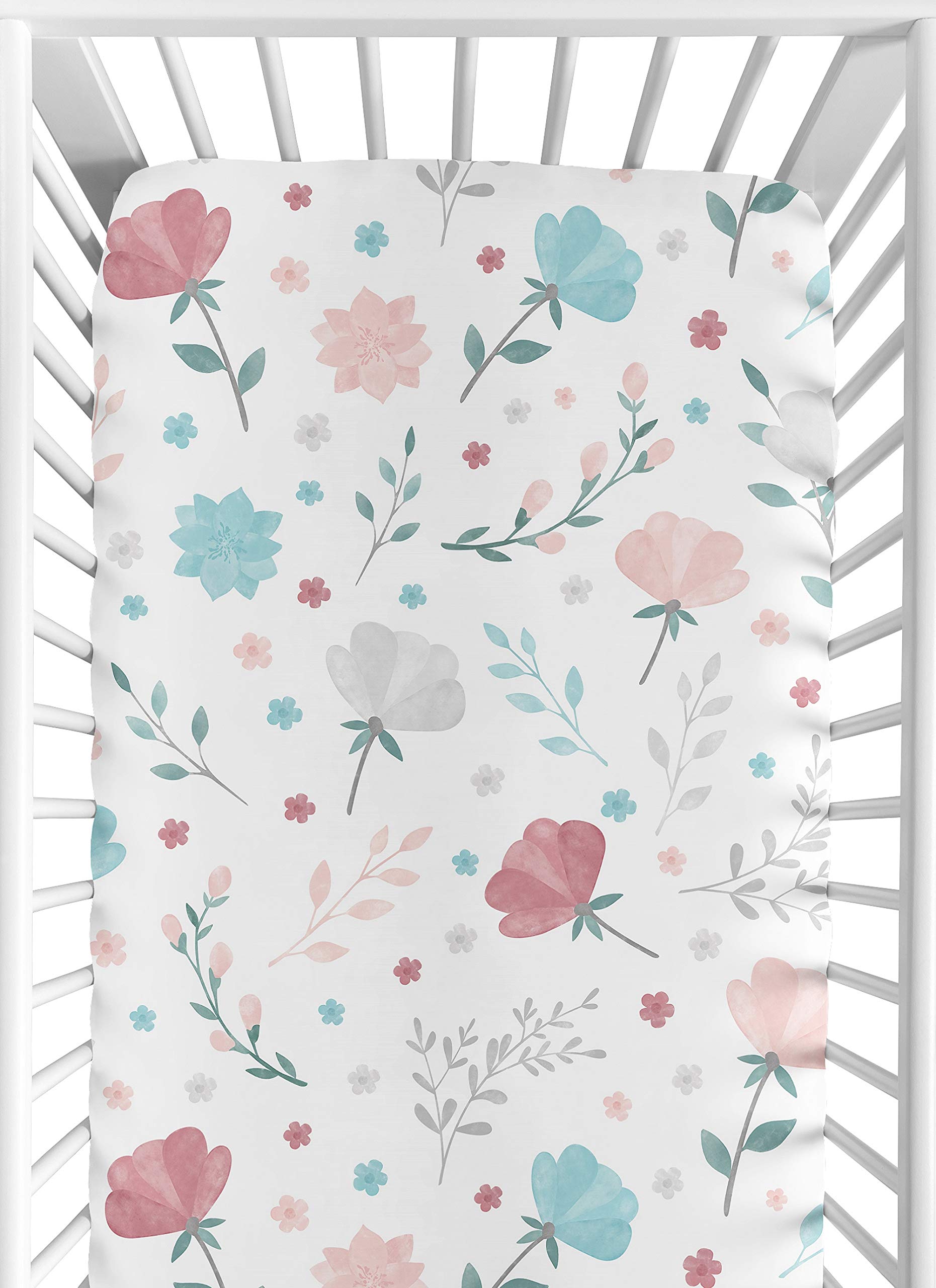 Sweet Jojo Designs Floral Rose Flowers Girl Fitted Crib Sheet Baby or Toddler Bed Nursery - Blush Pink Teal Turquoise Aqua Blue Grey Pop Flower Boho Shabby Chic Modern Colorful Watercolor Roses