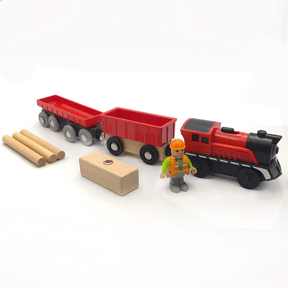 DSHMIXIA Battery Operated Cargo Train for Wooden Train Track Set Toys for Toddlers 3 4 5 Year Old Boys Kids Magnetic Couplings Construction site Fram Harbor Vehicle (Without Battery)
