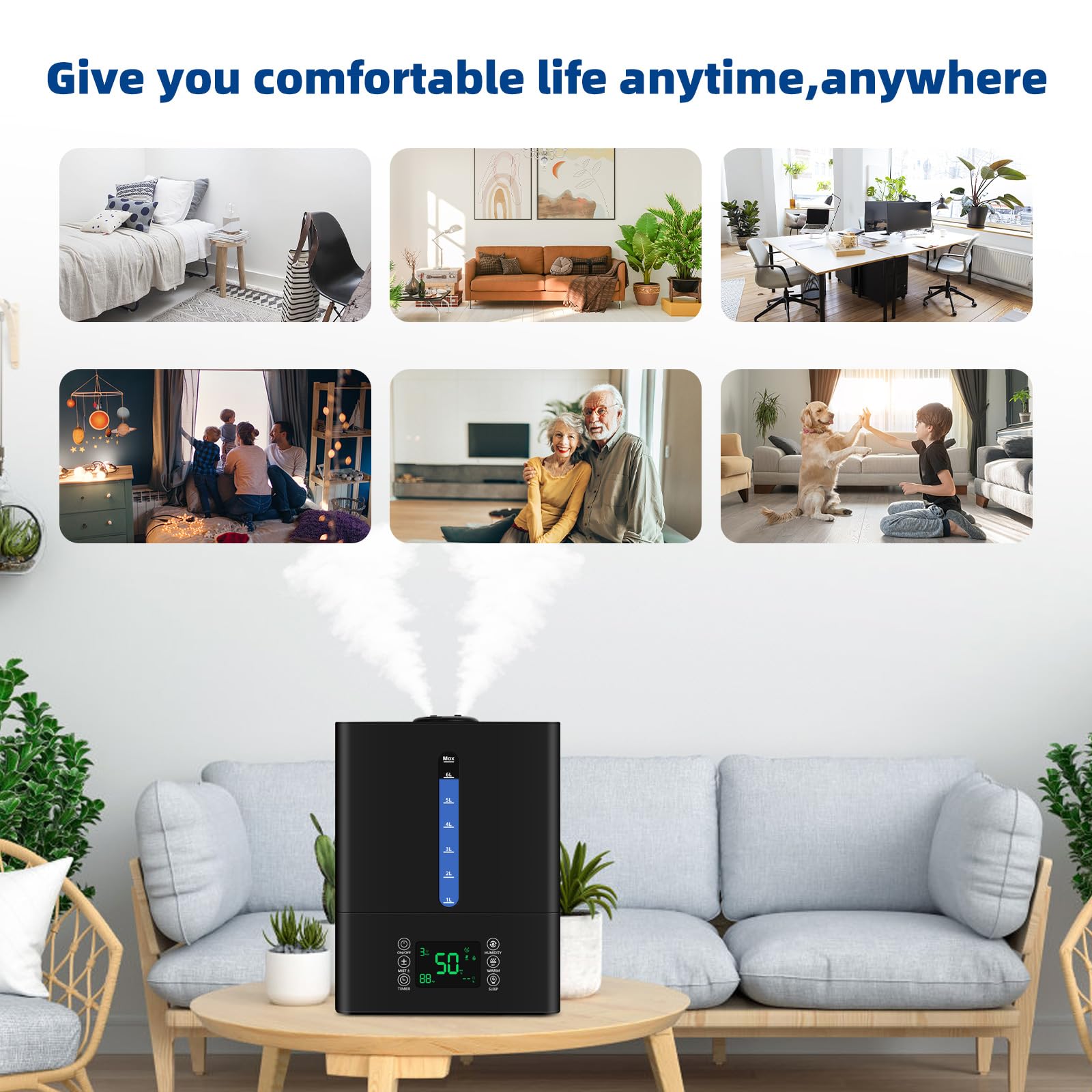 6.5L Humidifiers for Bedroom and Home, Cool and Warm Mist Humidifiers for Home & Plants, Mist Top Fill Desk Humidifiers Essential Oil Diffuser with Adjustable Mist,360°Nozzle,Auto Shut-Off,black