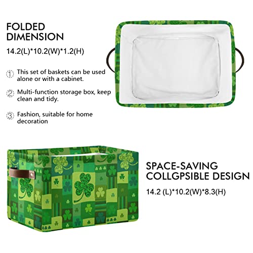 ALAZA Happy St.Patrick's Day Clover Leaf Plaid Foldable Storage Box Storage Basket Organizer Bins with Handles for Shelf Closet Living Room Bedroom Home Office 2 Pack