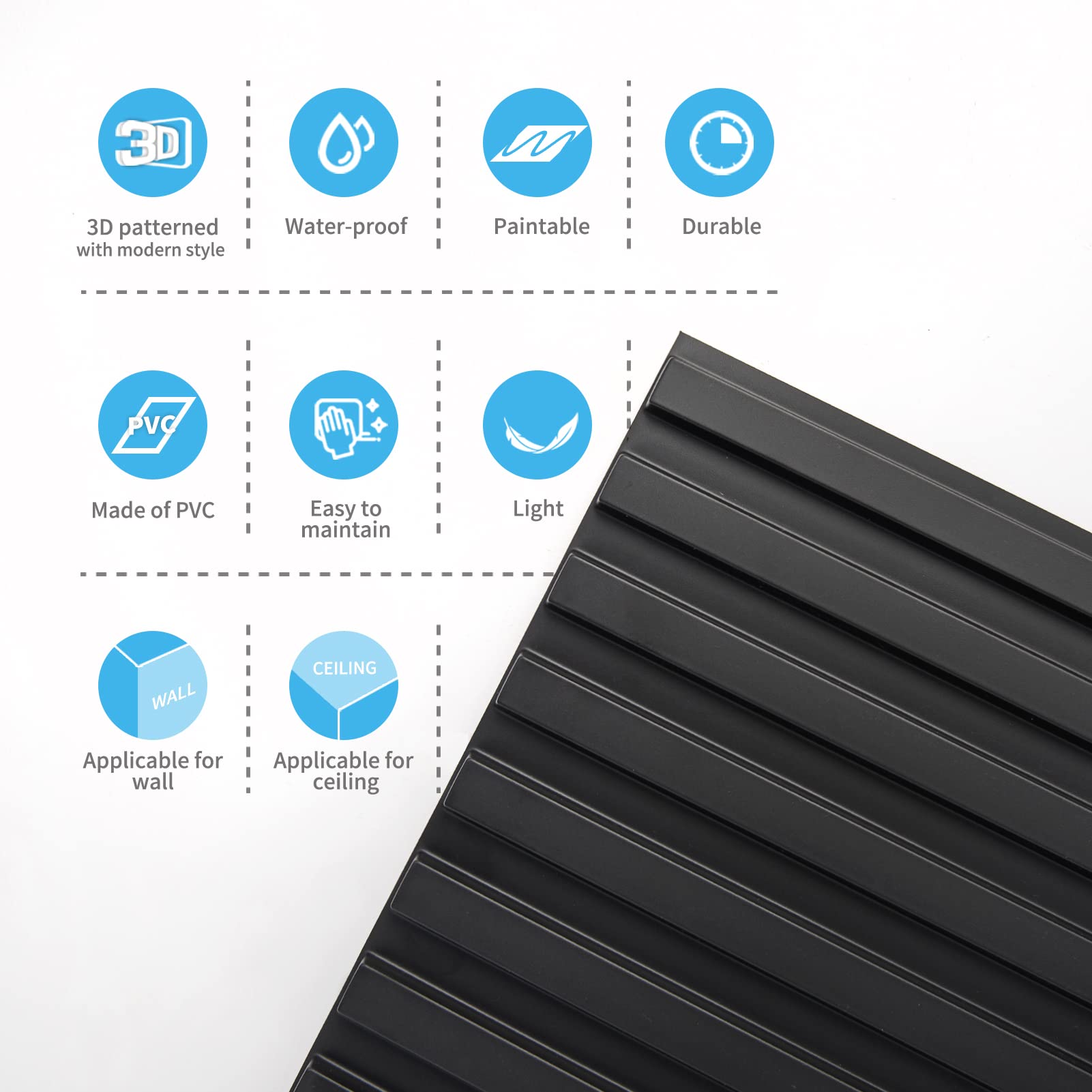 Art3d Slat Wall Panel, 3D Fluted Textured Panel 12-Tile 19.7 x 19.7in. - Black