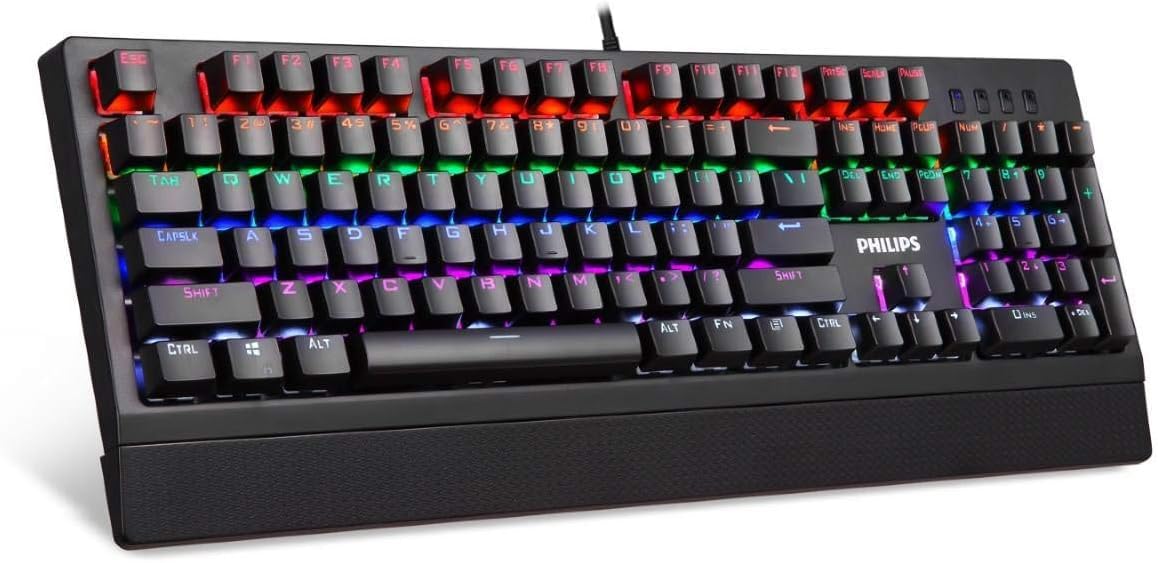 Philips Corded Mechanical Gaming Keyboard | RGB Ambiglow FX & Key Light Maps | Anti-Ghosting, N-Key Rollover | Clicky, Light-Touch Blue Switches (SPK8403)