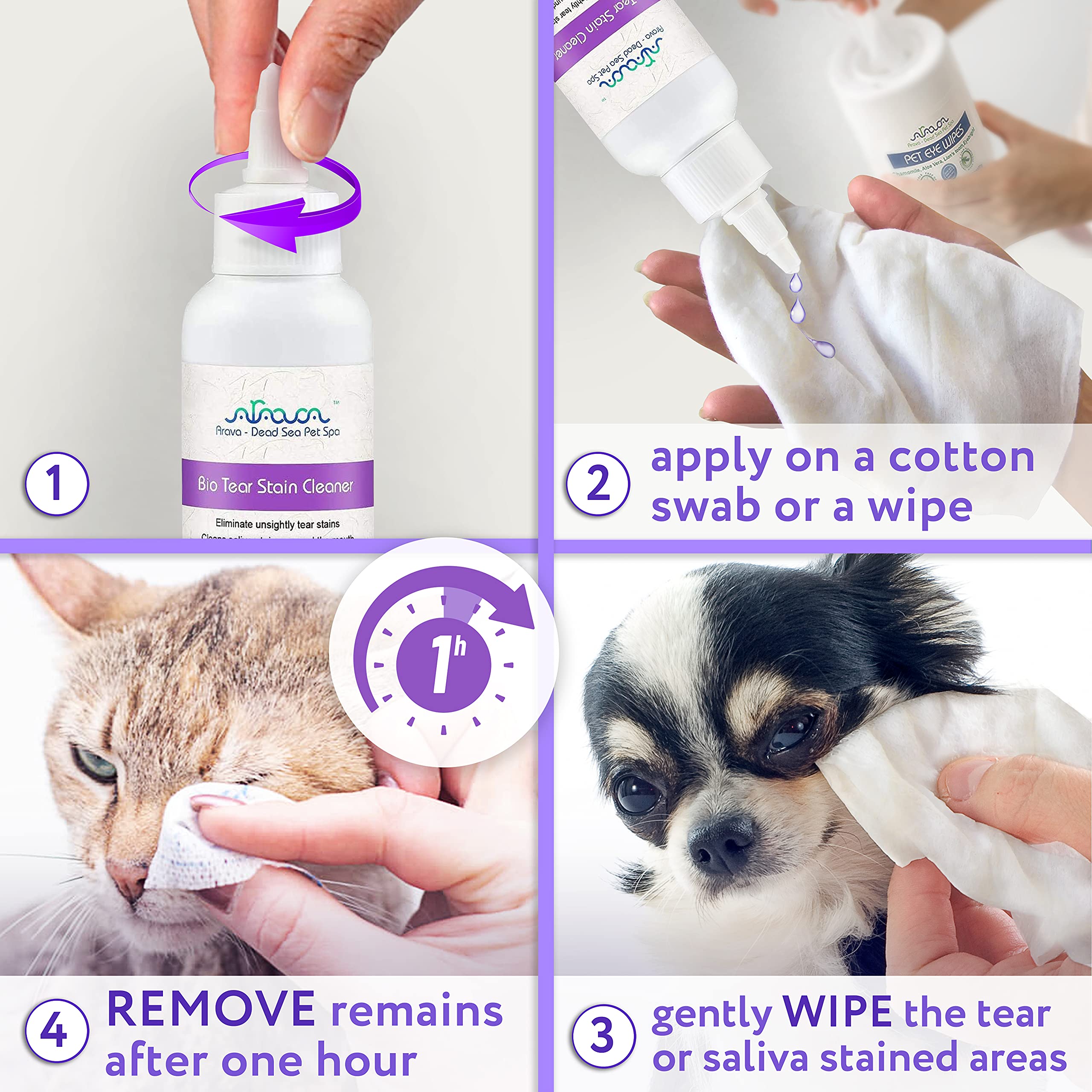 Arava Natural Tear and Stain Remover for Dogs and Cats - Effective Solution with 26 Dead Sea Minerals, Removes and Prevents Eye and Saliva Stains