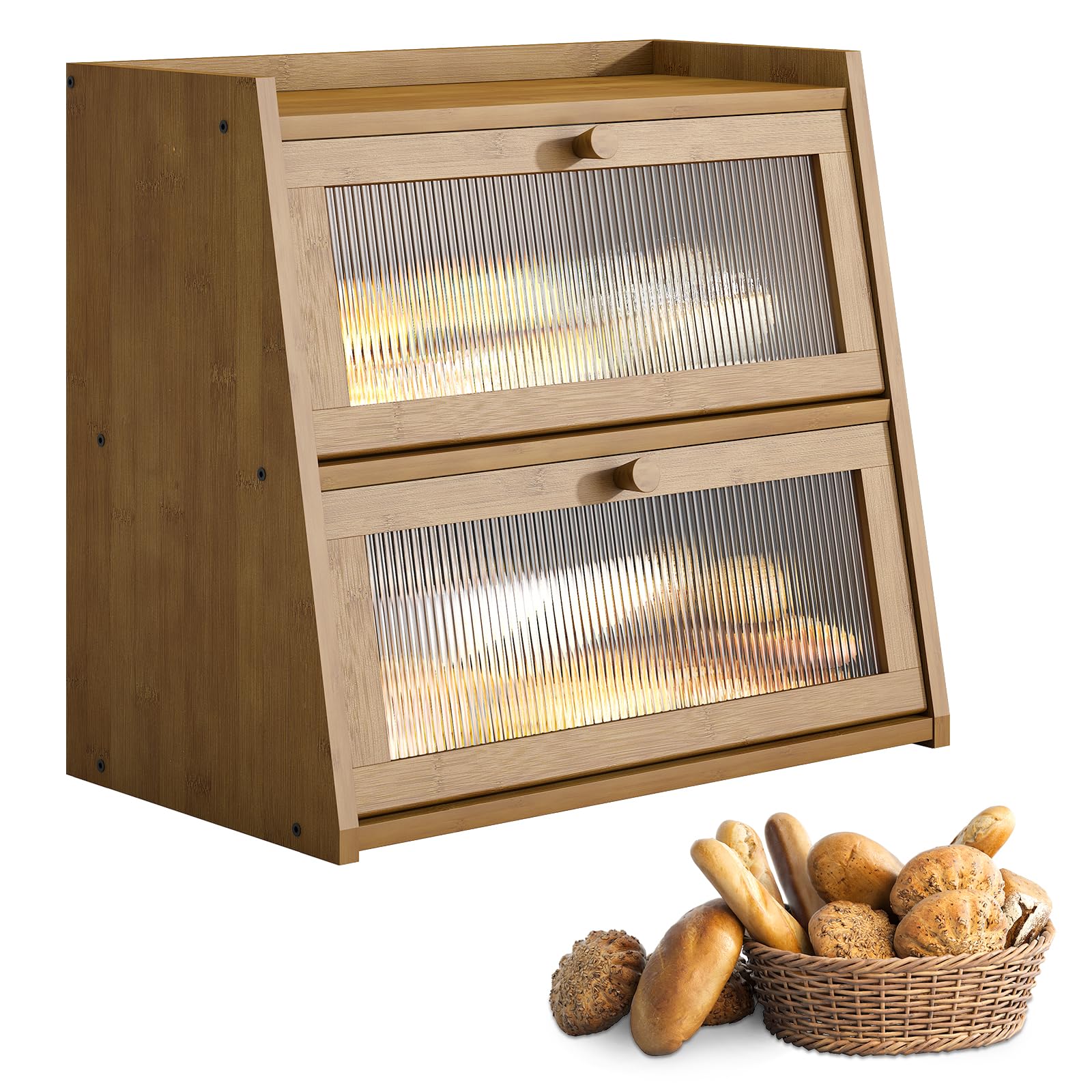 BMOSU Large Bread Box for Kitchen Countertop Double Layer Bread Box Farmhouse Bamboo Bread Box Self-Assembling (Black)
