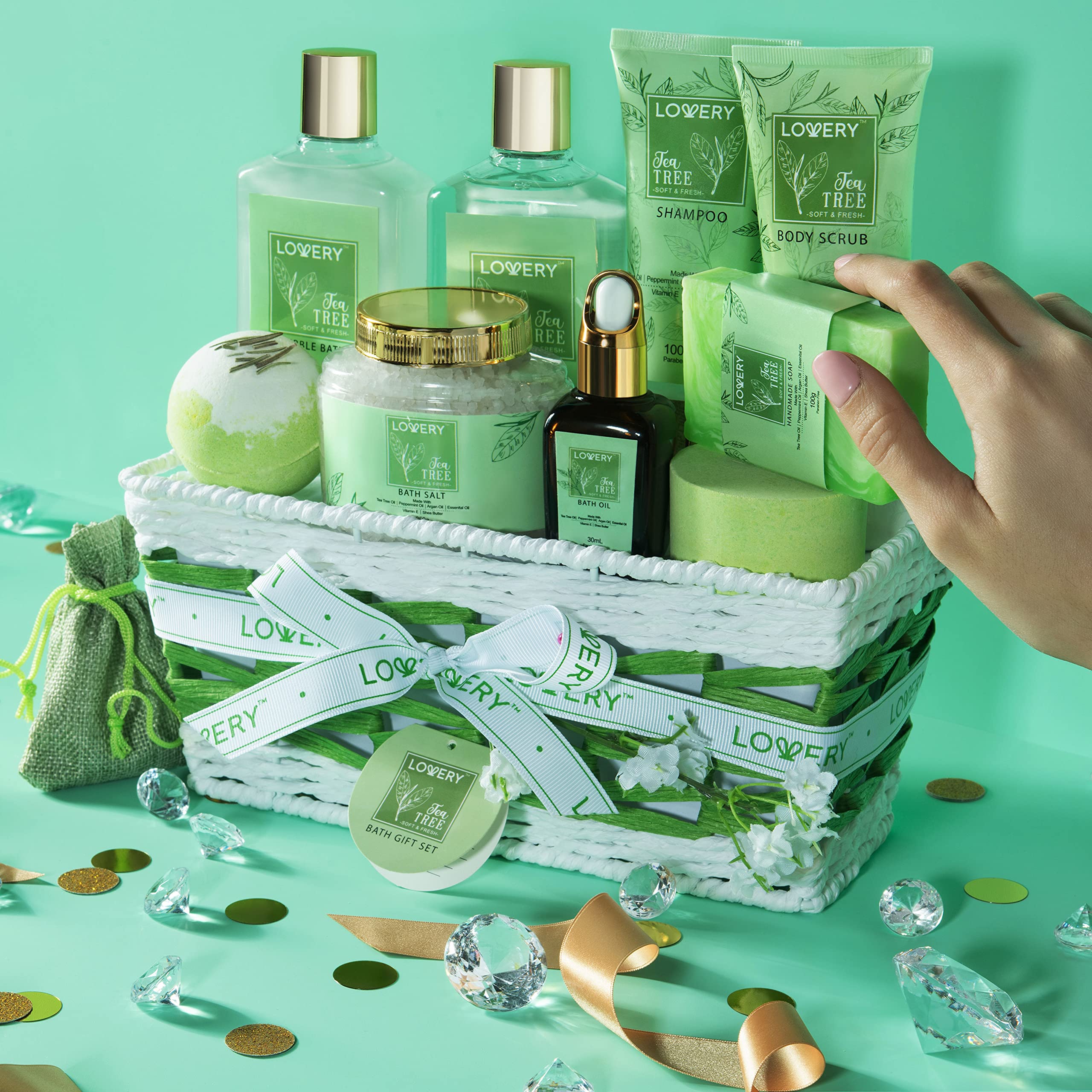 Tea Tree Bath Set - Luxury Home Spa Set with Calming Mint Fragrance β 15 pc Relaxation Gift Basket with Tea Tree Bath Oil,Shower Gel, Bubble Bath, Handmade Soap, Steamer Tablet, Potpourri & More