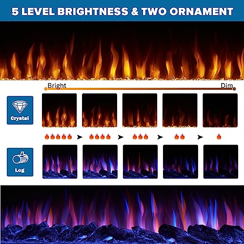 BETELNUT Electric Fireplace 50IN Wall Mounted and Recessed with Remote Control, 750/1500W Ultra-Thin Wall Fireplace Heater W/Timer Adjustable Flame Color and Brightness, Log Set & Crystal Options