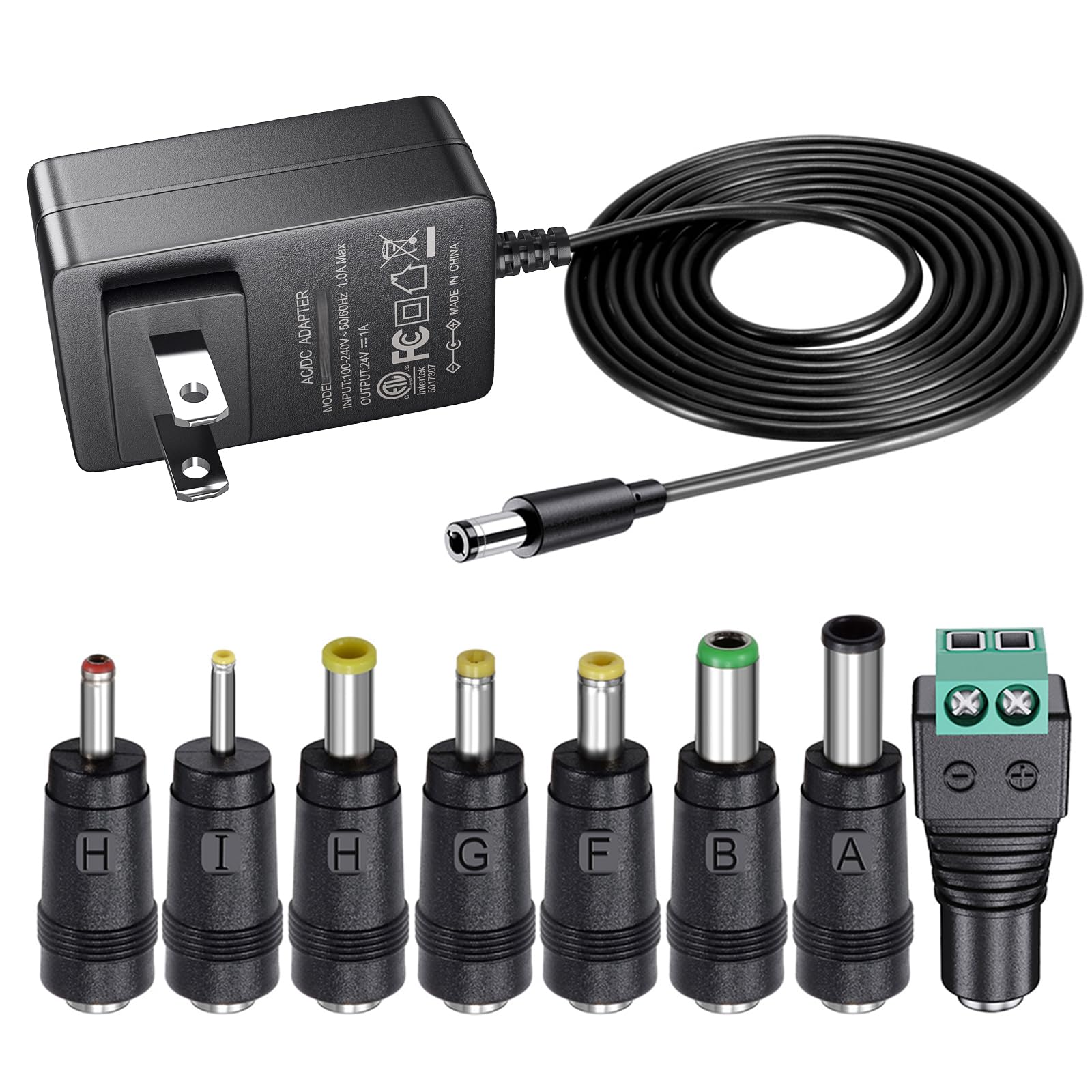 SoulBay 24V 1A Power Supply Adapter w/ 8 Tips for CCTV WiFi Camera Router LED Strip Light, AC 100-240V to DC 24 Volt Plug in Transformer Cord with ETL Certificate, 5 FT