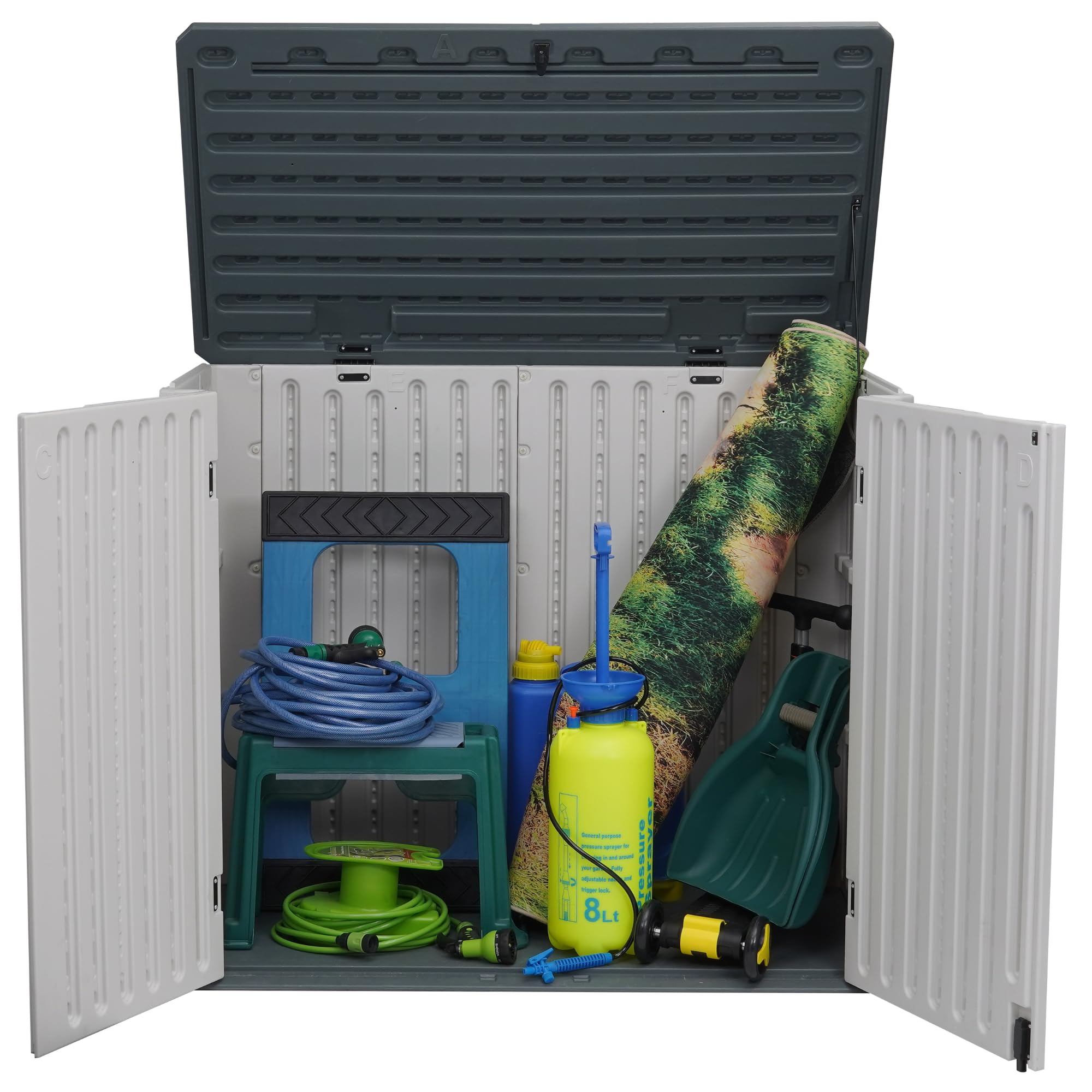 EHHLY Horizontal Resin Storage Shed, 35 Cuft Garden Tool Sheds & Outdoor Storage, Outdoor Plastic Storage Cabinet Waterproof, 4FT Tall Backyard Outside Lawn Mower Storage Shed, White
