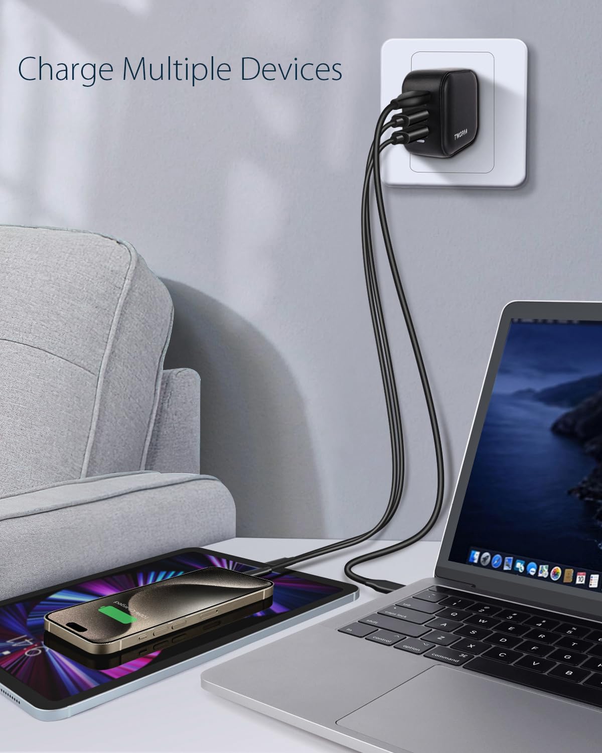 TWOPAN 65W USB C Charger Block, 3-Port Foldable GaN Fast Charger for iPhone 16/15/14, Vision Pro, MacBook, iPad, XPS, Switch, Steam Deck, Galaxy S24/25, Pixel
