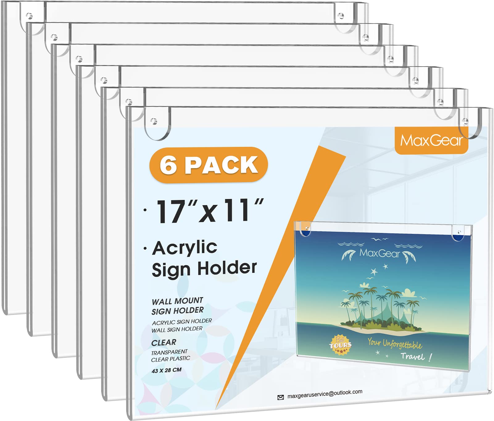 MaxGear Acrylic Sign Holder 11 X 17 Wall Mount Sign Holder Clear Plastic Picture Frames with 3M Tape Adhesive and Screws for Office, Home, Store, Restaurant - Landscape, 6 Pack