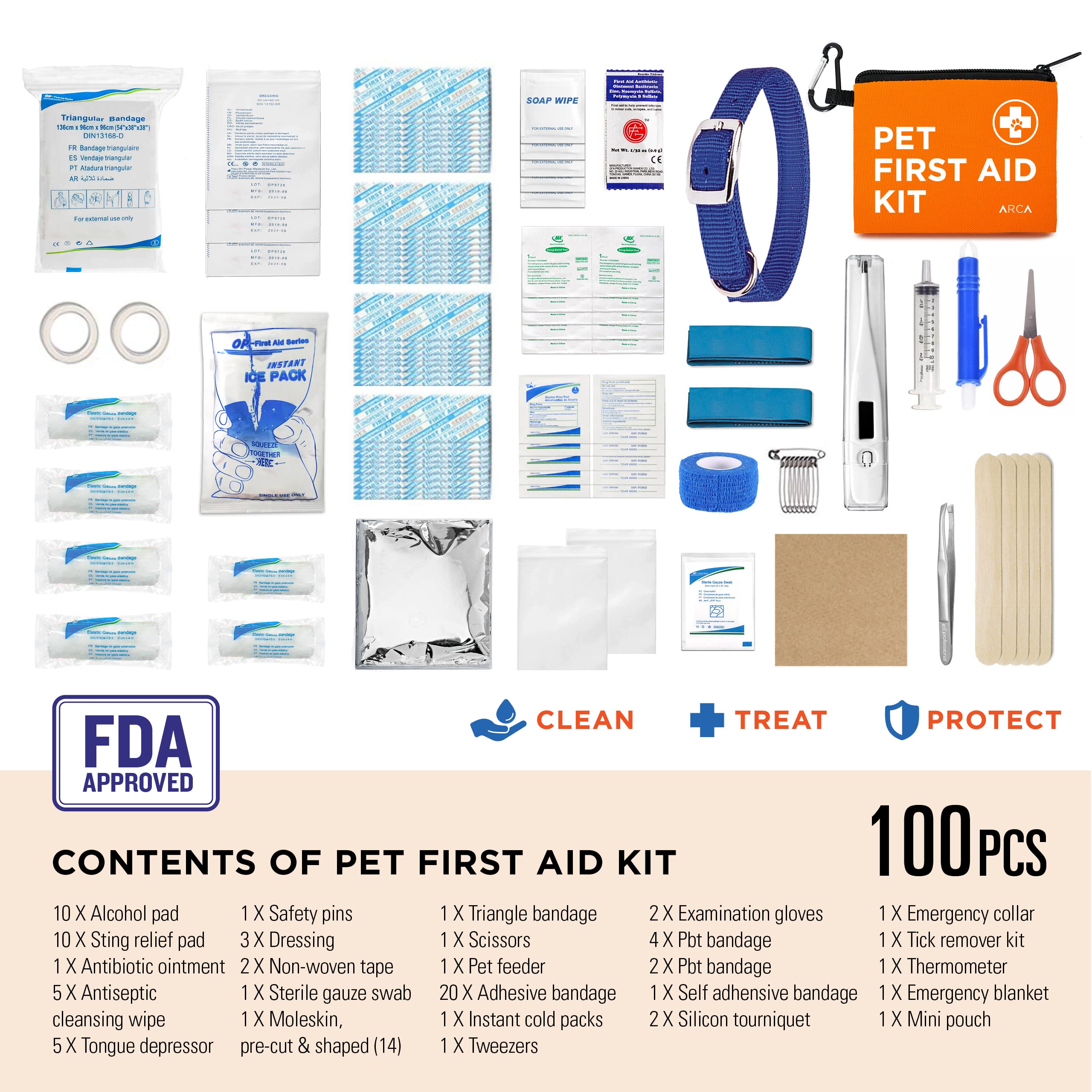 ARCA PET First Aid Kit 3 Piece Set - Each for Home, Car & Travel. Dog First Aid Kit with Thermometer, Tick Remover Kit & Many More
