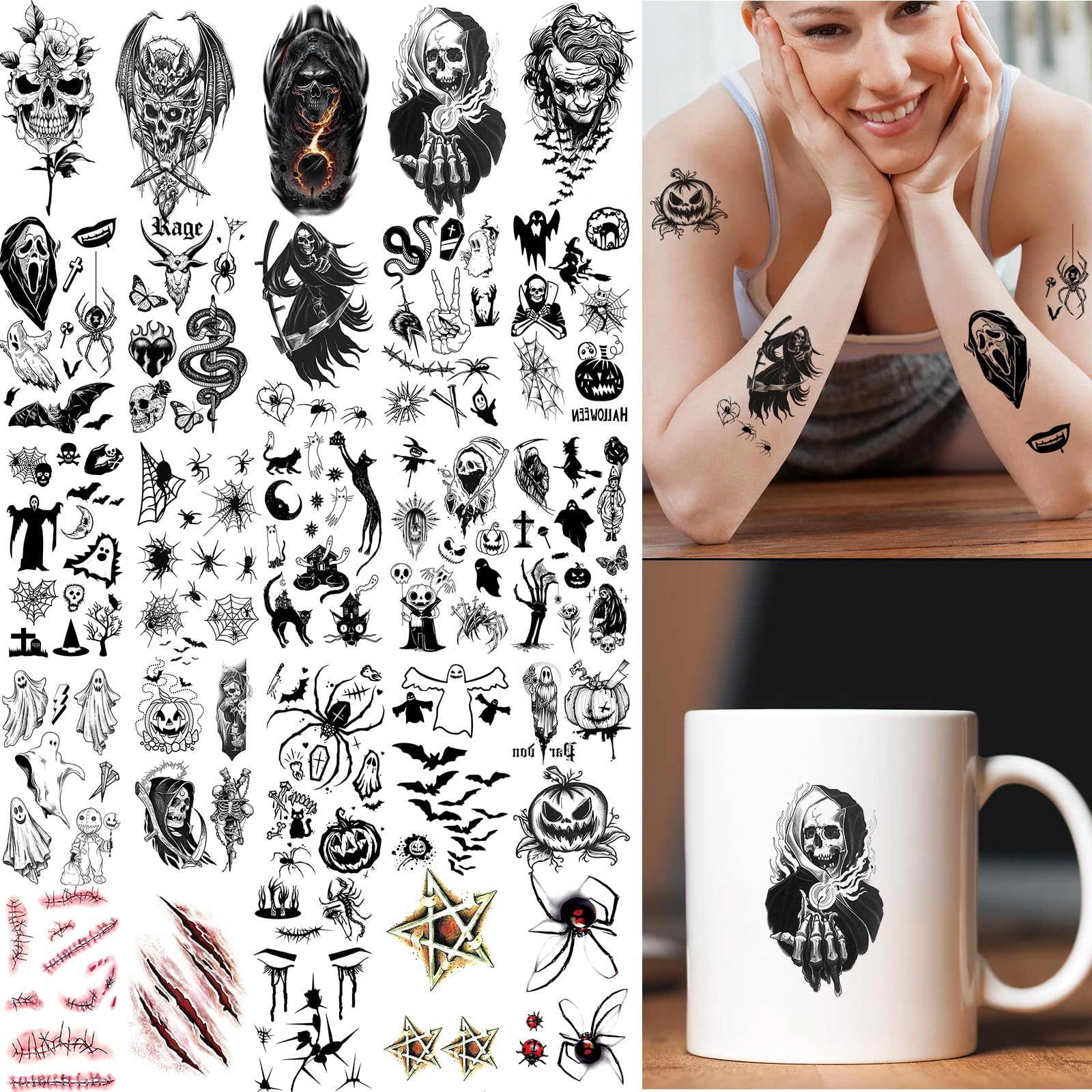 52 Sheets Black Temporary Tattoos for Kids Men and Women, Include 10 Sheets Large Half Arm Sleeve Fake Tattoos, 200+ PCS Spider Scorpion Snake Tiger Lion Skull Bat Vampire Scar Fake Tattoo Sticker