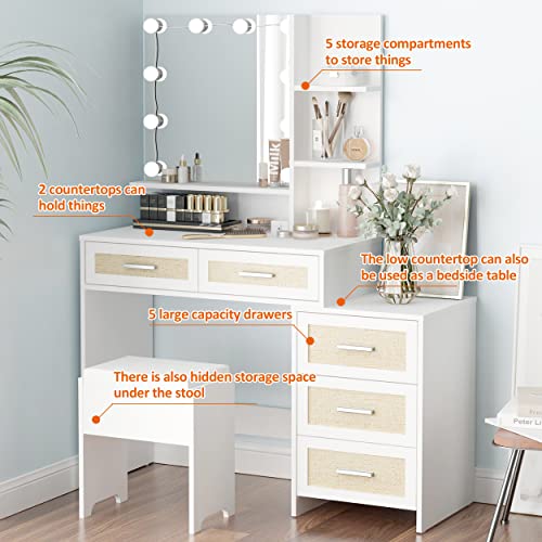 Maupvit Rattan Vanity Desk with Mirror and Lights, Boho Makeup Vanity Table Set with Nightstand, 5 Drawers & 10 Bulbs, Metal Silver Handle, 3 Open Shelves, Dressing Table with Cushioned Stool (White)