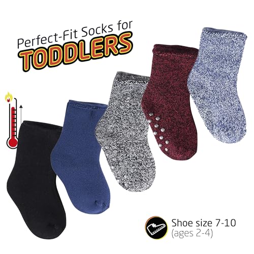 HOT FEET Toddler Warm Socks β 5/6 Pack Thermal Crew Winter Socks for Toddlers, Thick Insulated Snow Socks for Kids, 2 Solid Non-gripped / 3 Marled Gripped (2)