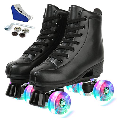 Beuway Womens Roller Skates Artificial Leather Adjustable Double Row 4 Wheels Roller Skates Shiny High-Top Outdoor Roller Skate for Teens,Adult