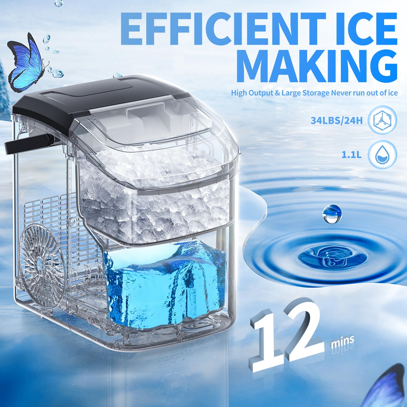 Nugget Countertop Ice Maker with Soft Chewable Pellet Ice, 34lbs/24H,Pebble Portable Ice Machine with Ice Scoop and Handle, Self-Cleaning, One-Click Operation, for Kitchen,Office Black