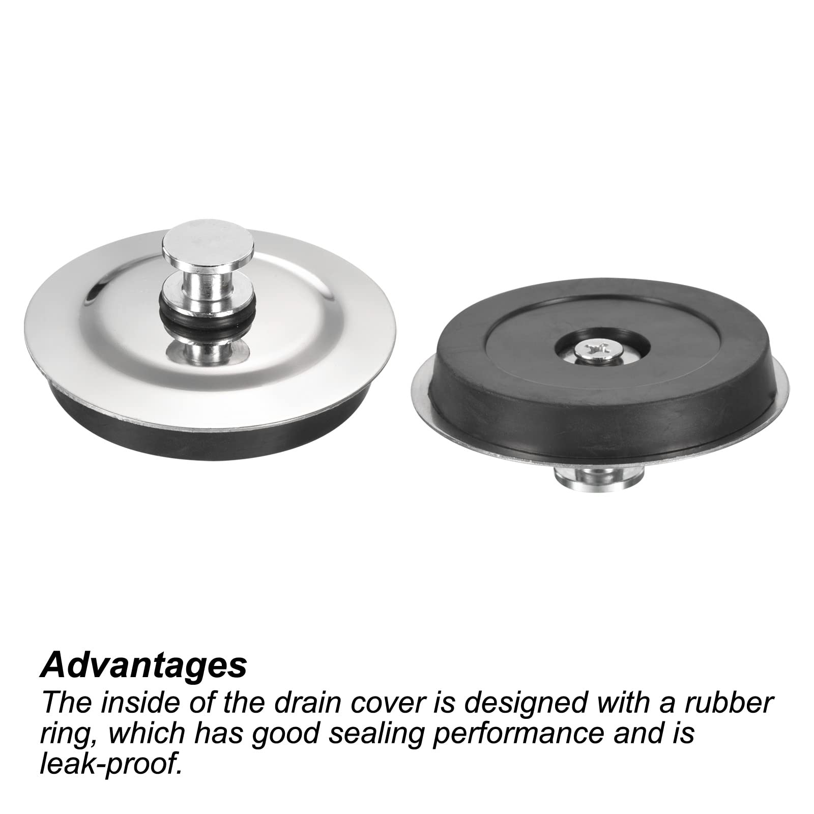 MECCANIXITY 52mm I.D. Sink Drain Cover, 2 Pack Stainless Steel Seal Plug Water Stopper with Handle for Kitchen Bathroom Bathtub, Silver Tone Black (Fit 53-54mm Mouth)