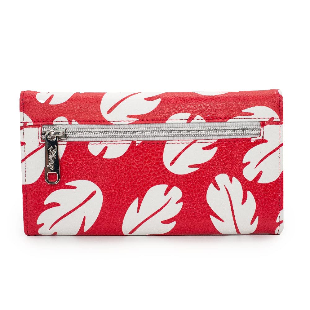 Buckle Down Women's Disney Wallet, Envelope Foldover, Stitch Bounding Lilo Dress Leaves, Red White, Vegan Leather, 8.0" x 4.5"