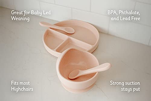 Ullabelle Toddler Plates, Bowls, & 2 Spoons for Babies - Silicone Suction Non-Slip Baby Feeding Set Kids - BPA Free (Blue)