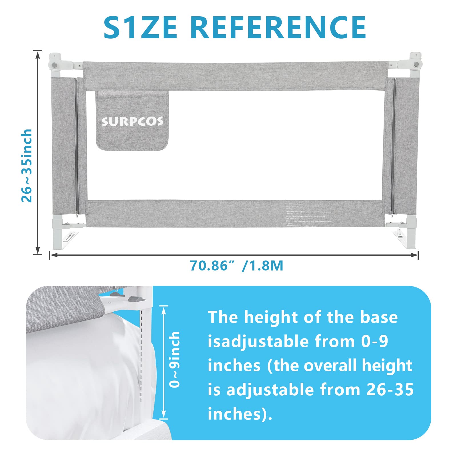 SURPCOS Bed Rails for Toddlers -New Upgraded Extra Long Bed Guardrail for Kids Great Fit for Twin, Double, Full-Size Queen & King Mattress, One Side 70.86" x 26" Grey