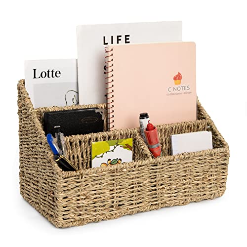 KOLWOVEN Magazine Display Holder- Mail Organizer Countertop- Mail Holder Countertop - Mail Bill Sorter Organizer For Desk And Home - File Organizer For Desk- Boho Magazine Rack Storage Organizer (Sea grass)