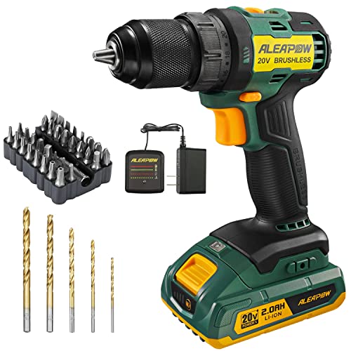 ALEAPOW D10 Cordless Brushless Drill, 20V Drill Driver Kit, 2-Speeds(0-1650RPM), 350 In-lbs, 3/8โ Keyless Chuck, 20+1 Torque Setting, 2.0Ah Battery, Charger, LED, 38 Pcs Drill/Driver Bits