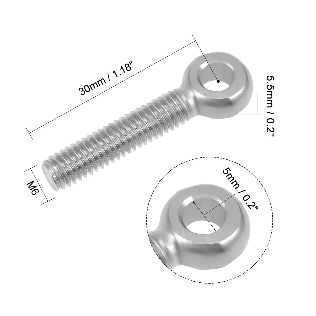 uxcell M6 x 30mm Machinery Shoulder Swing Lifting Eye Bolt 304 Stainless Steel Metric Thread 5pcs