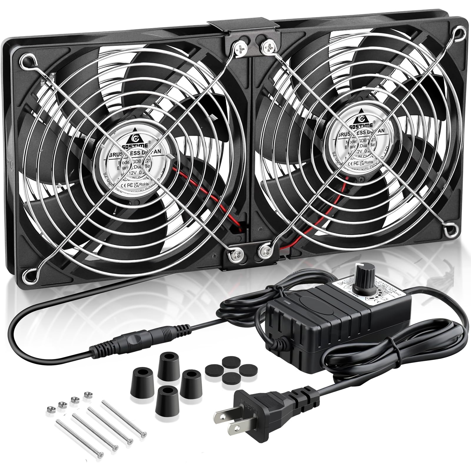 GDSTIME Big Airflow Dual 120mm Fans DC 12V Powered Fan with AC 110V - 240V Speed Control, Cabinet Chassis Cooling Fan, Server Workstation Cooling Fan
