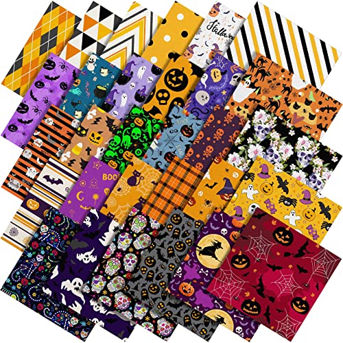 60 Pcs 10 x 10 Inch Halloween Fabric Polyester Fabric Bundle Fat Quarters Bat Pumpkin Ghost Skull Print Fabric Squares Holiday Quilting Fabric for DIY Decorations Sewing Craft, 30 Styles (Ghost)