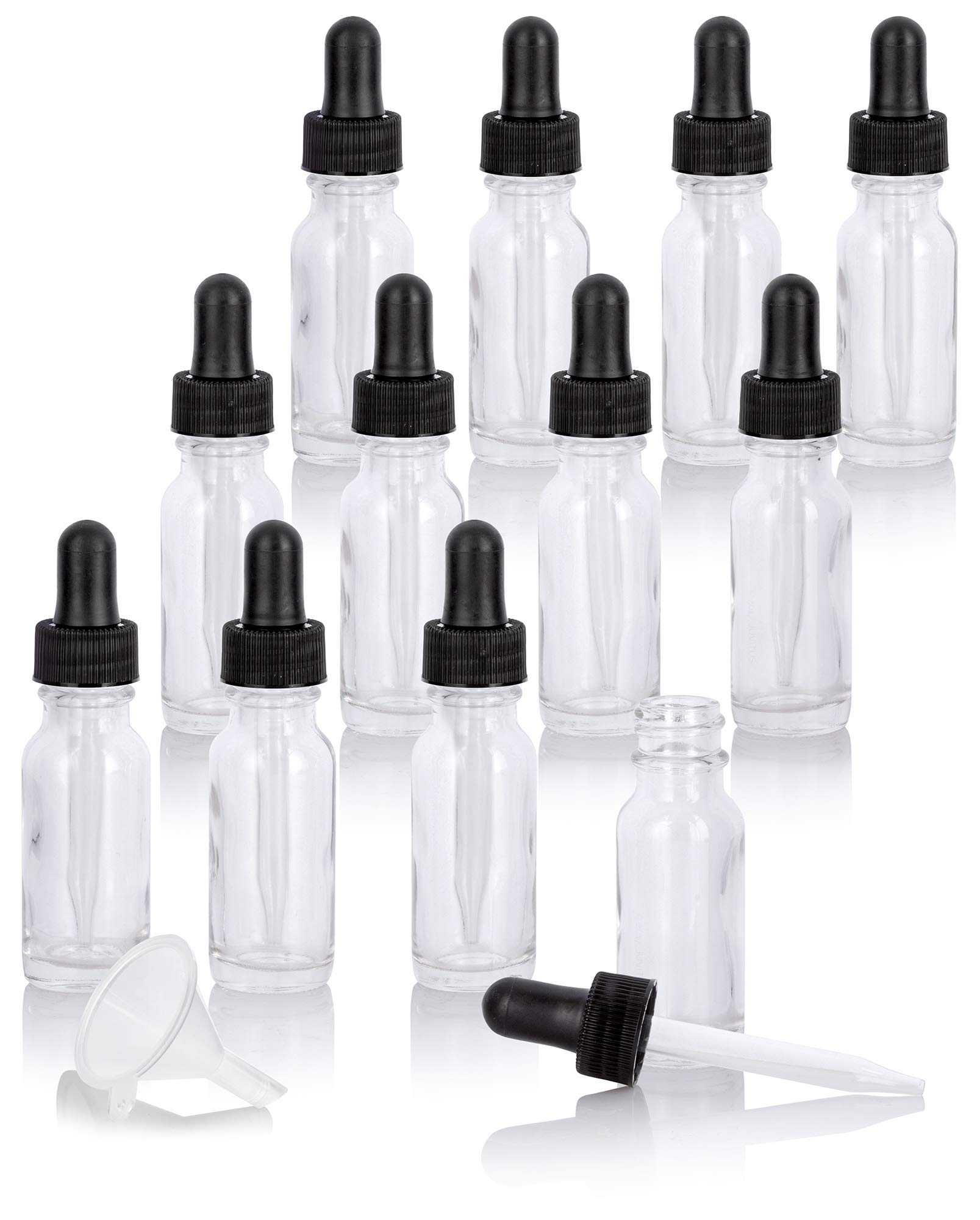 JUVITUS (12 pack) 0.5 oz / 15 ml Clear Glass Bottle with Black Dropper + Funnel