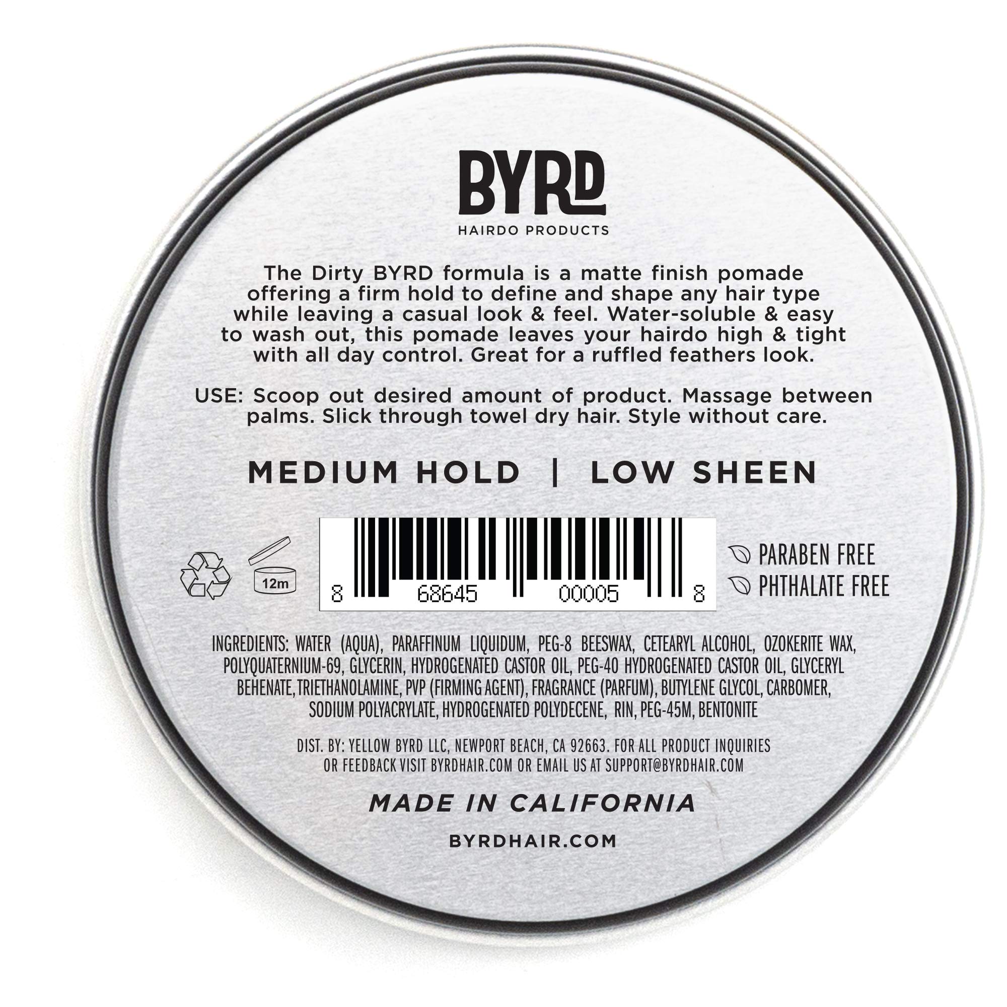BYRD Hair Matte Pomade - Medium Hold, No Sheen, For All Hair Types, Mineral Oil & Paraben Free, Phthalate & Sulfate Free, Cruelty-Free, Water Based, 3.35oz