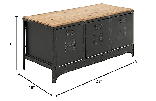 Deco 79 Metal Low Profile File Cabinet 3 Drawers Storage Bench with Brown Wood Top, 39" x 16" x 19", Black