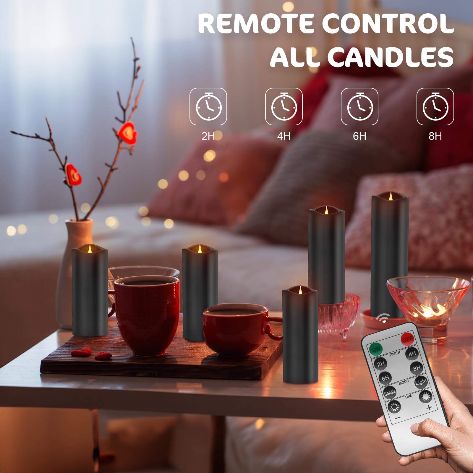 ALED LIGHT Black Real Wax Rechargeable Flameless Candles Flickering Realistic,Rechargeable LED Pillar Candles with Remote for Home Decor Idea Gift,Pack 5(D 2.2”X H 5”5.5”6”7”8”)