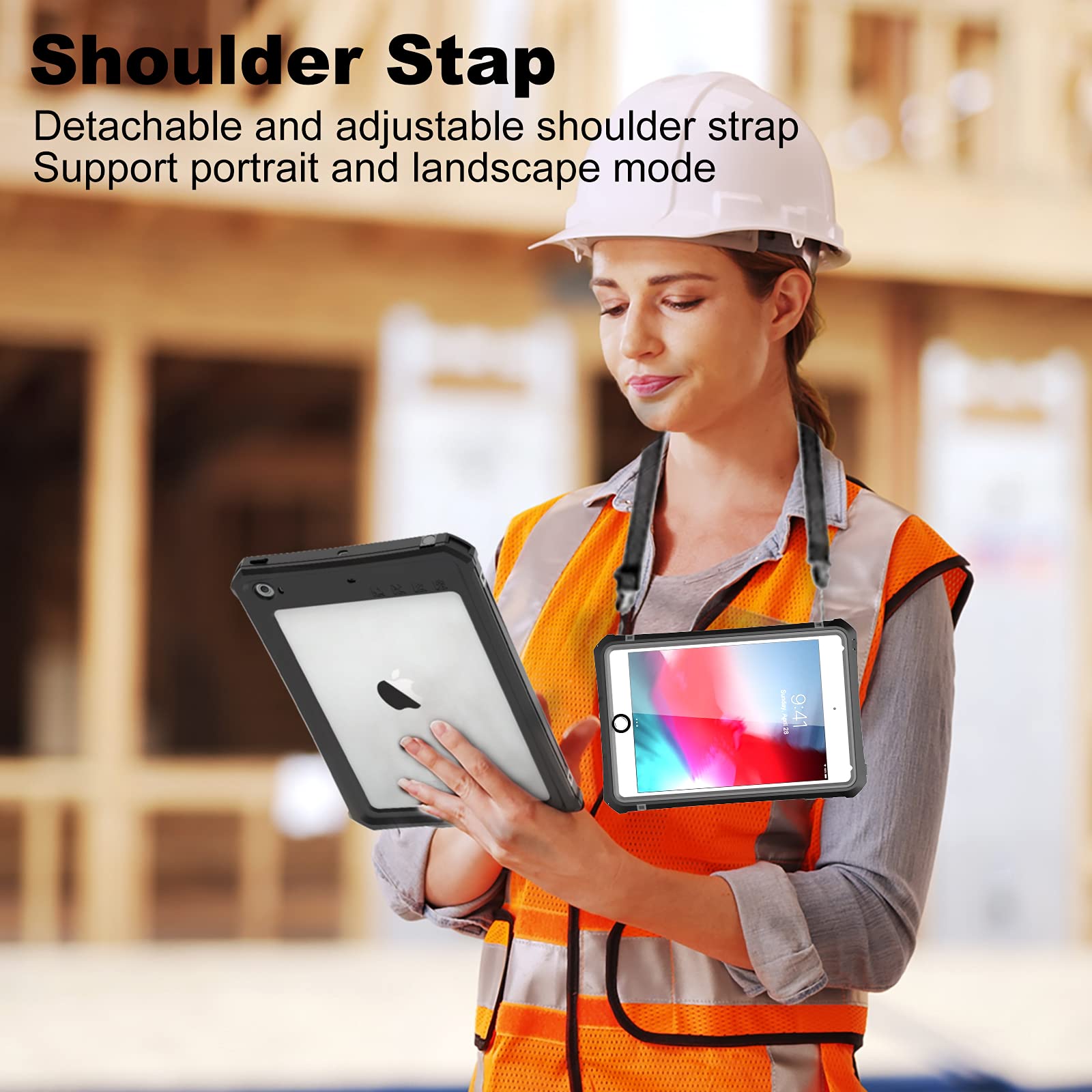 ShellBox Case for iPad Mini 5/4 7.9 Inches,Full-Body Protective Bumper Case,with Pencil Holder,Rugged Folding Kickstand,Lanyard,IP68 Waterproof Dustproof Heavy Duty Shockproof Case for iPad (Black)