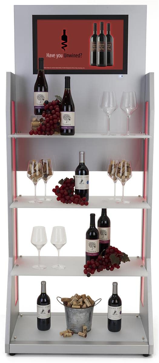 Displays2go LED Gondola with Digital Screen, Built-in Speaker, Four Shelves - Silver (SMFSDDSLED)