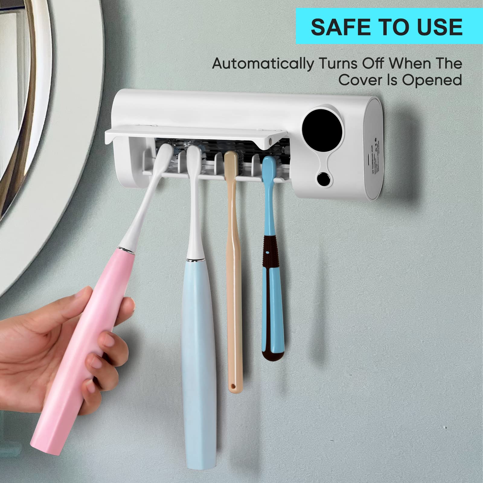 StarWin UV Toothbrush Cleaner, Timer Function, Rechargeable Tooth Brush Holder Wall-Mounted for Bathroom, No Drilling, 4 Slots