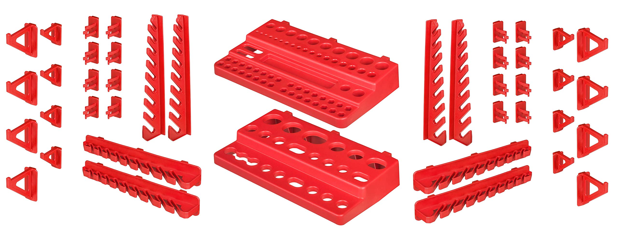 PAFEN Schüttenrega Storage System Workshop Shelving 1728 x 780 mm Wall Shelf with Tool Holder and 64 Stacking Boxes Wall Plates (Red/Blue/Black)